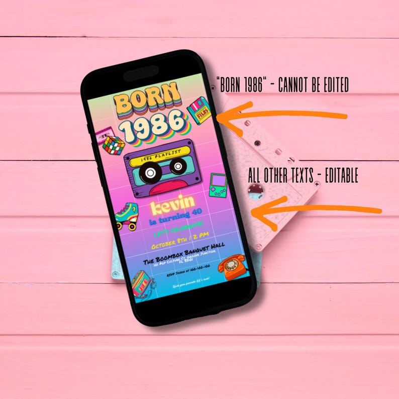 Editable Retro 1980s Birthday Invitation Template, Born 1986 Neon ...