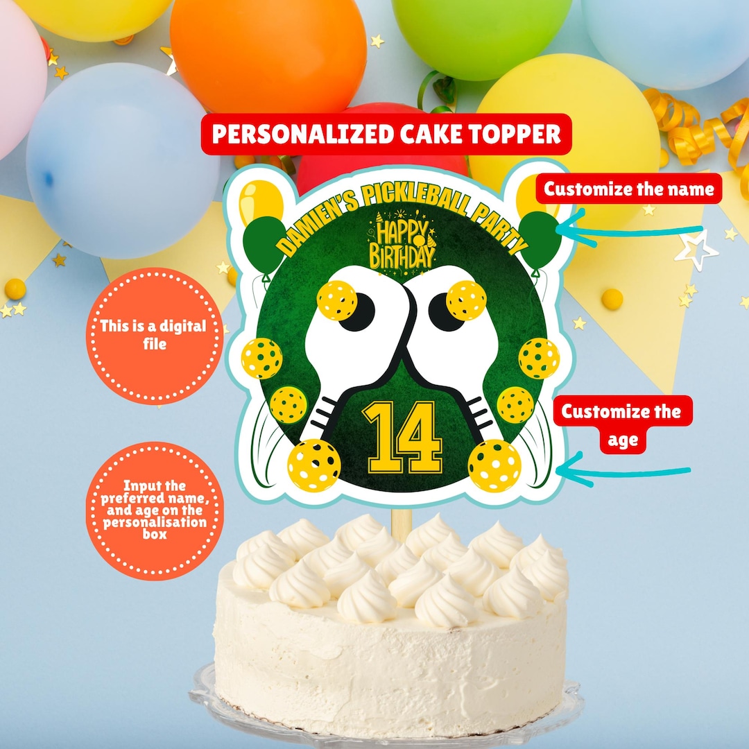 Personalized Green and Yellow Pickleball Birthday Party Cake Topper ...