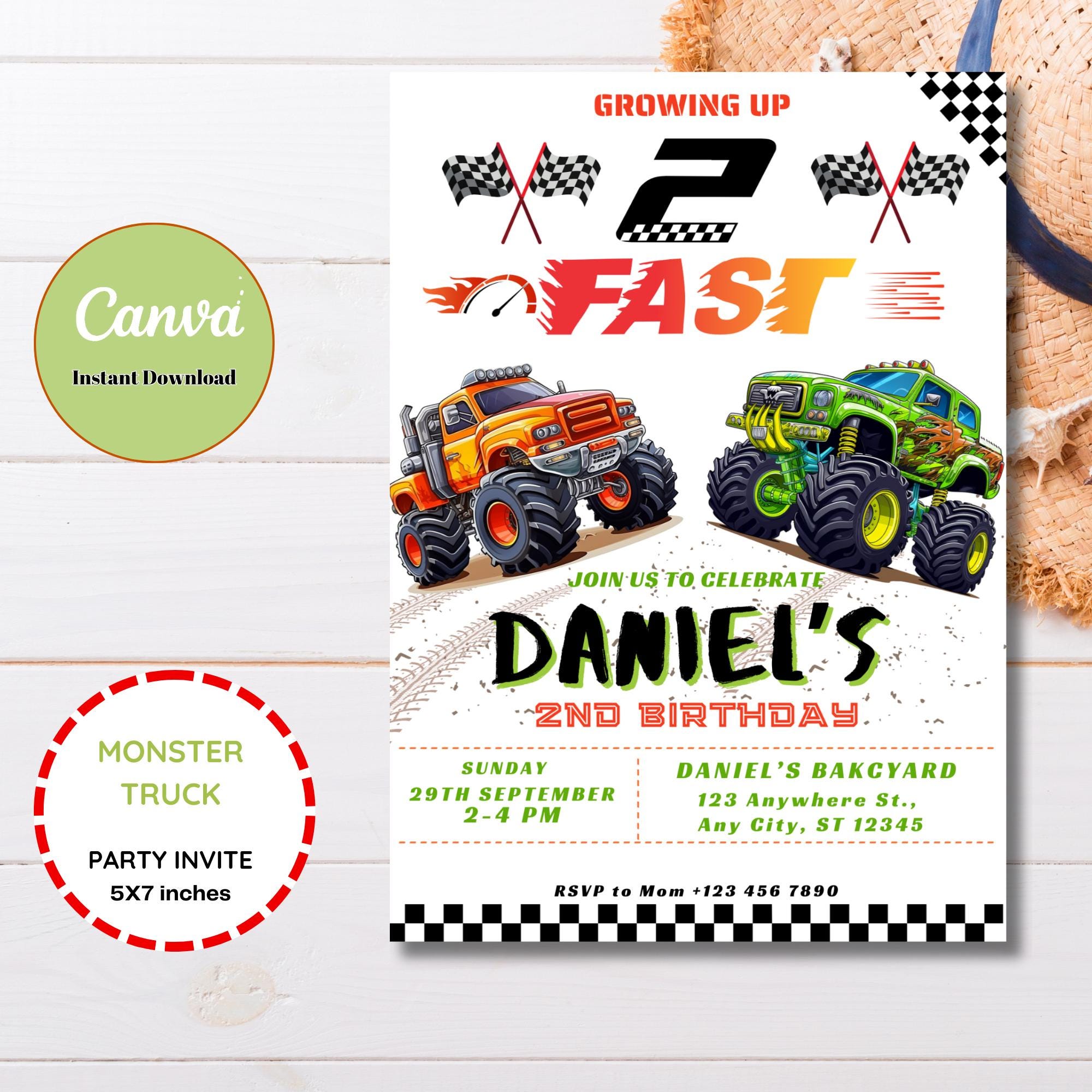 Editable 2 Fast Monster Truck Birthday Invitation, 2 Fast Monster Truck ...