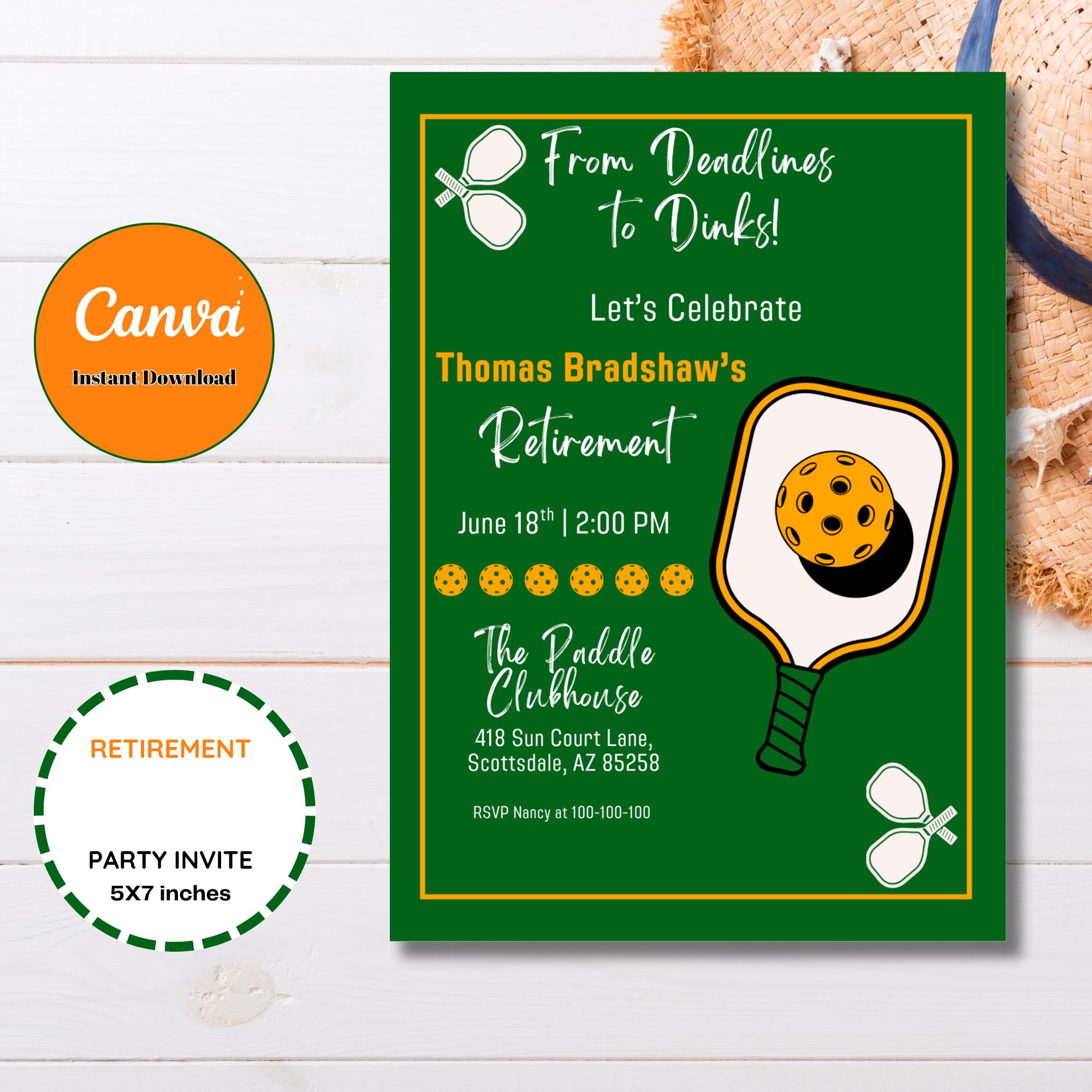 Editable Pickleball Retirement Party Invitation Template, Printable ...
