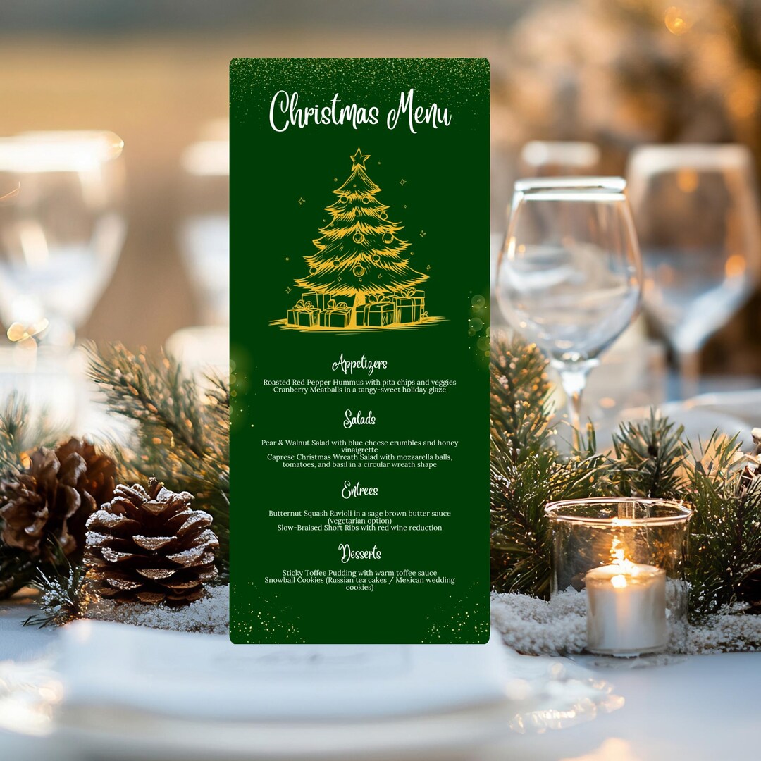 Editable Green and Gold Christmas Tree Party 4x9 Menu Template, Holiday ...