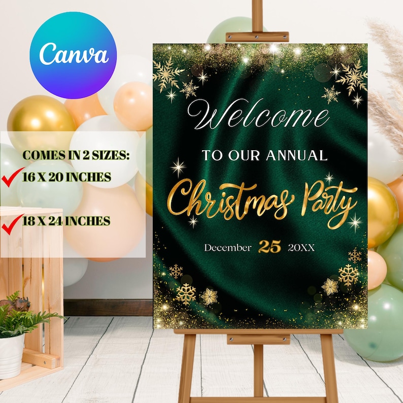 Emerald and Gold Christmas Party Welcome Sign, Green and Gold Welcome ...