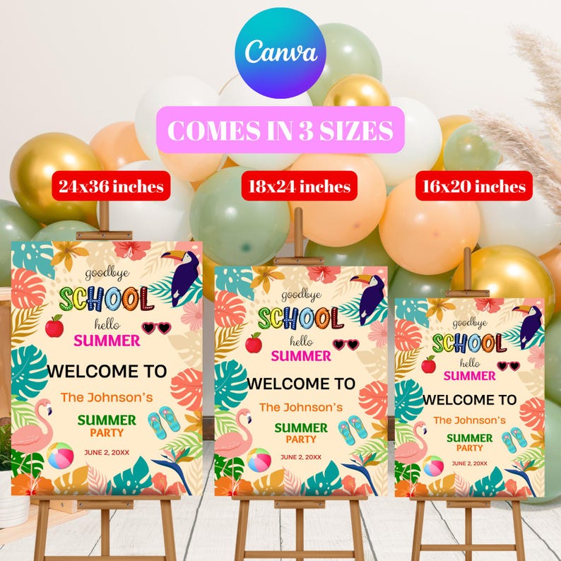 Editable Goodbye School Hello Summer Party Welcome Sign Template ...