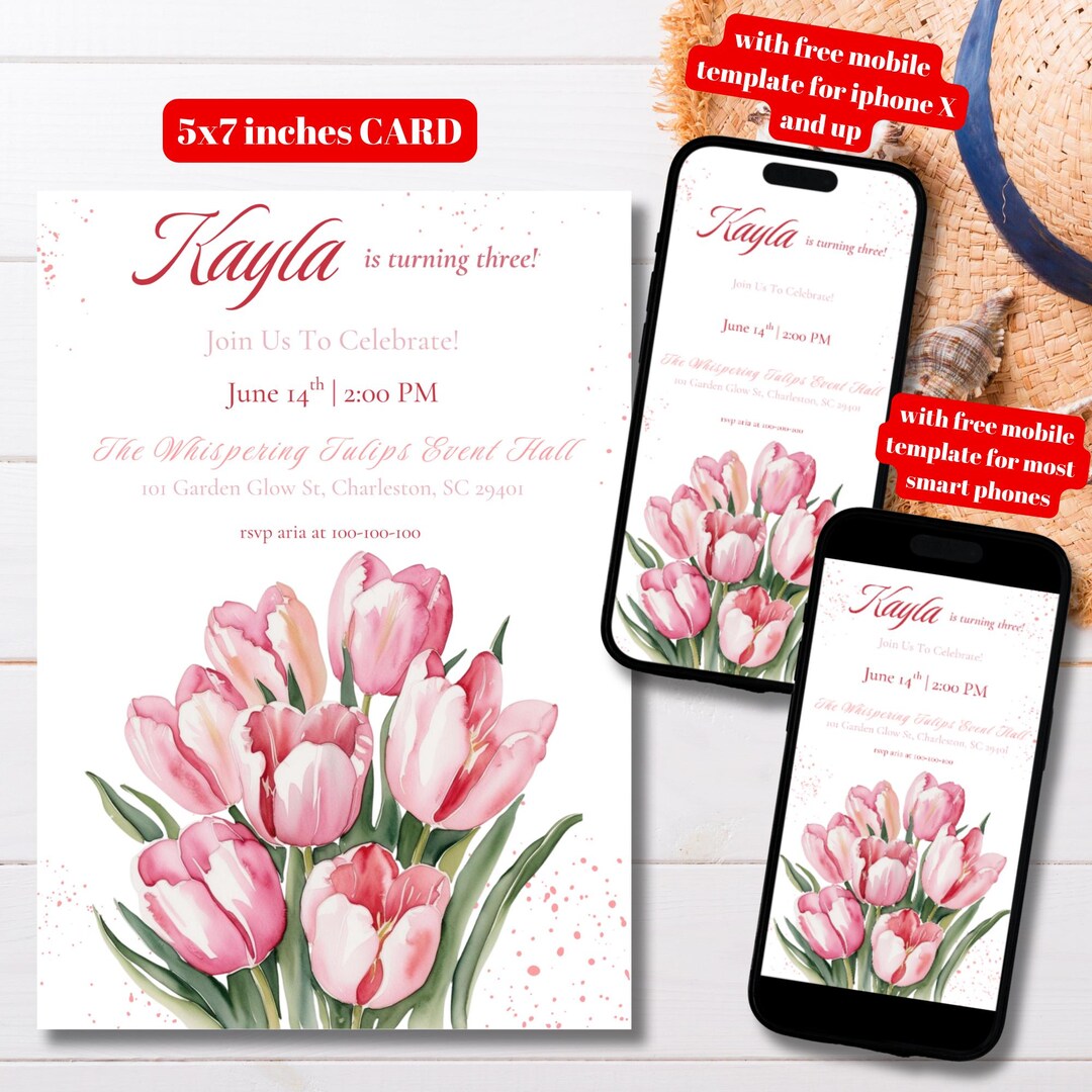 Editable Spring Floral Tulips Birthday Invitation Template, Printable ...