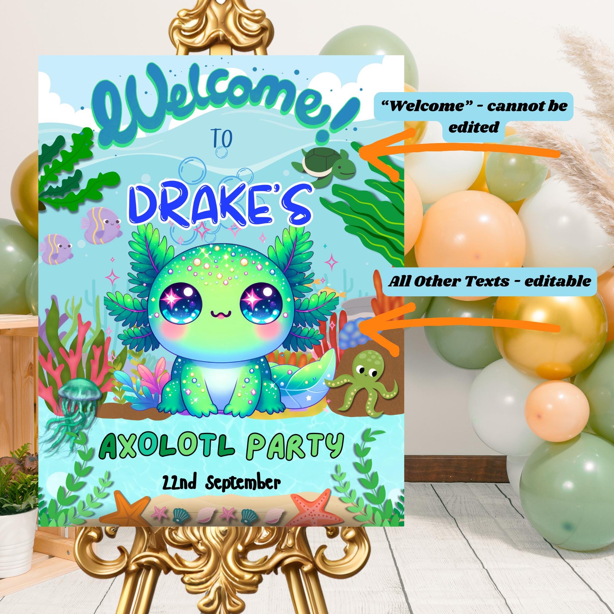 Editable Green Axolotl Birthday Party Welcome Sign Template, Printable ...