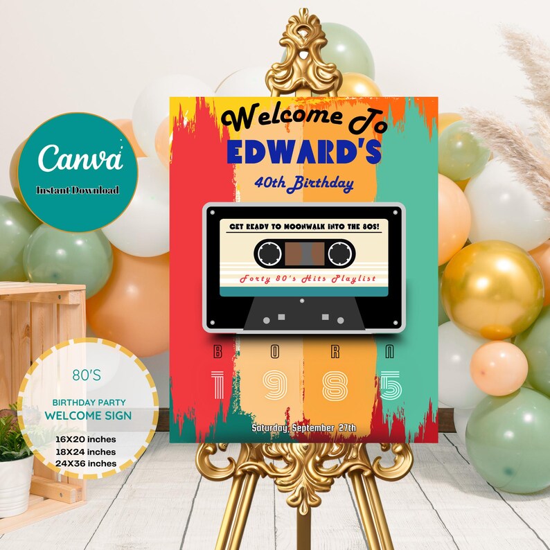 Editable Birthday 80s Party Welcome Sign Template, Printable Cassette ...
