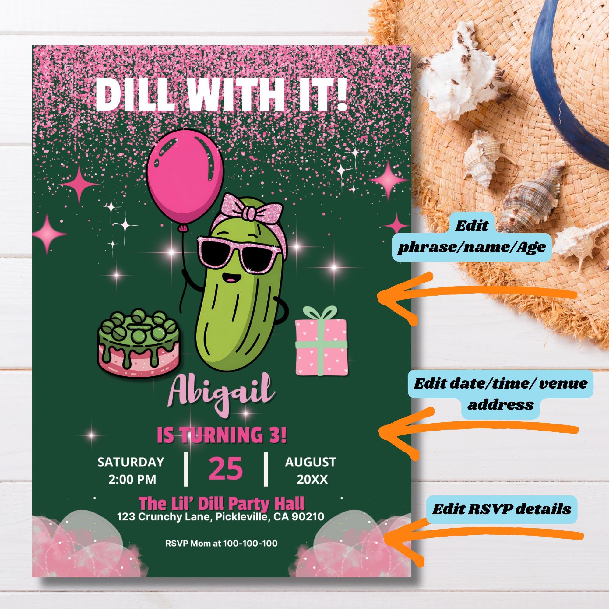 Editable Glitter Pink Pickle Birthday Invitation Template, Printable ...