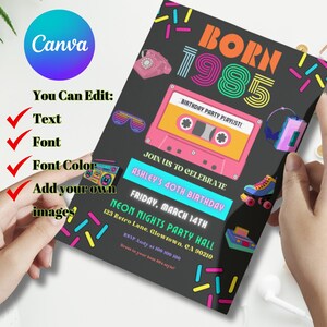 Editable 1985 40th Birthday Party Invitation Template, Printable Neon ...