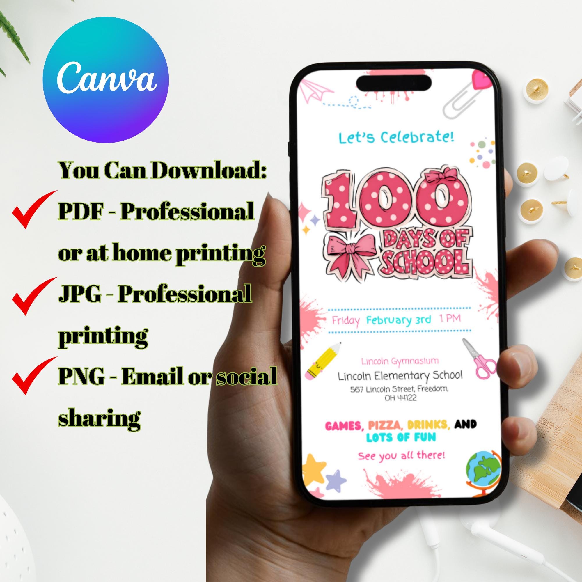 Editable Let's Celebrate 100 Days of School Party Invitation Template ...