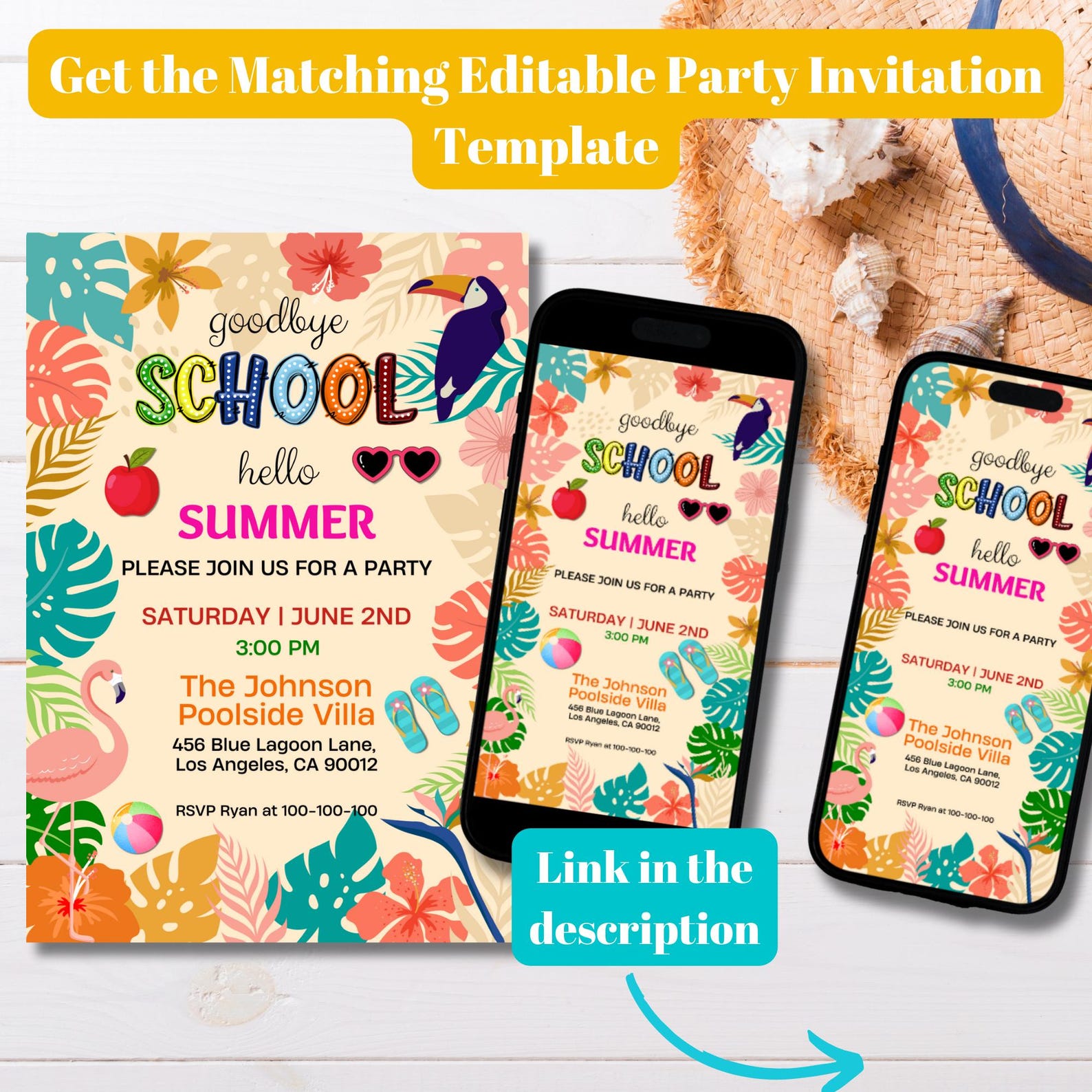 Editable Goodbye School Hello Summer Party Welcome Sign Template ...