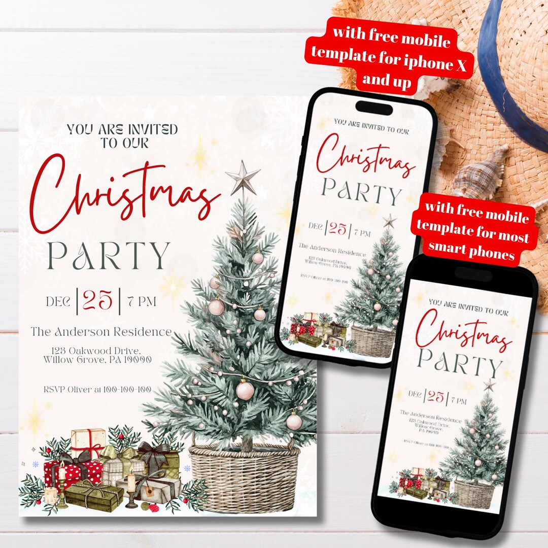 Editable Christmas Tree in a Basket Christmas Party Invitation Template ...