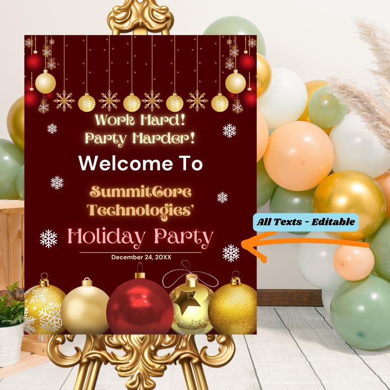Editable Deep Red and Gold Corporate Christmas Party Welcome Sign ...