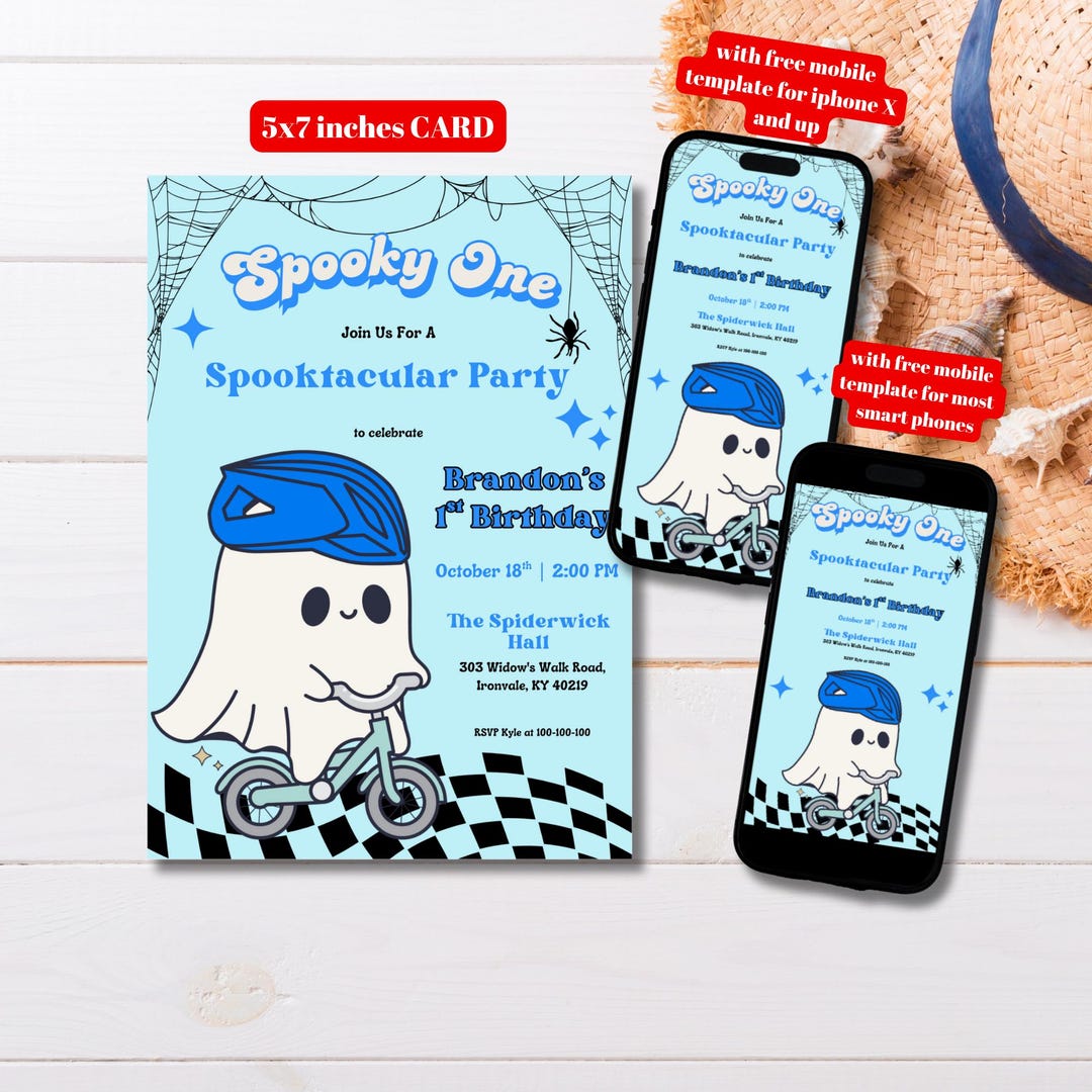 Editable Blue Groovy Biker Ghost Halloween Birthday Invitation Template ...