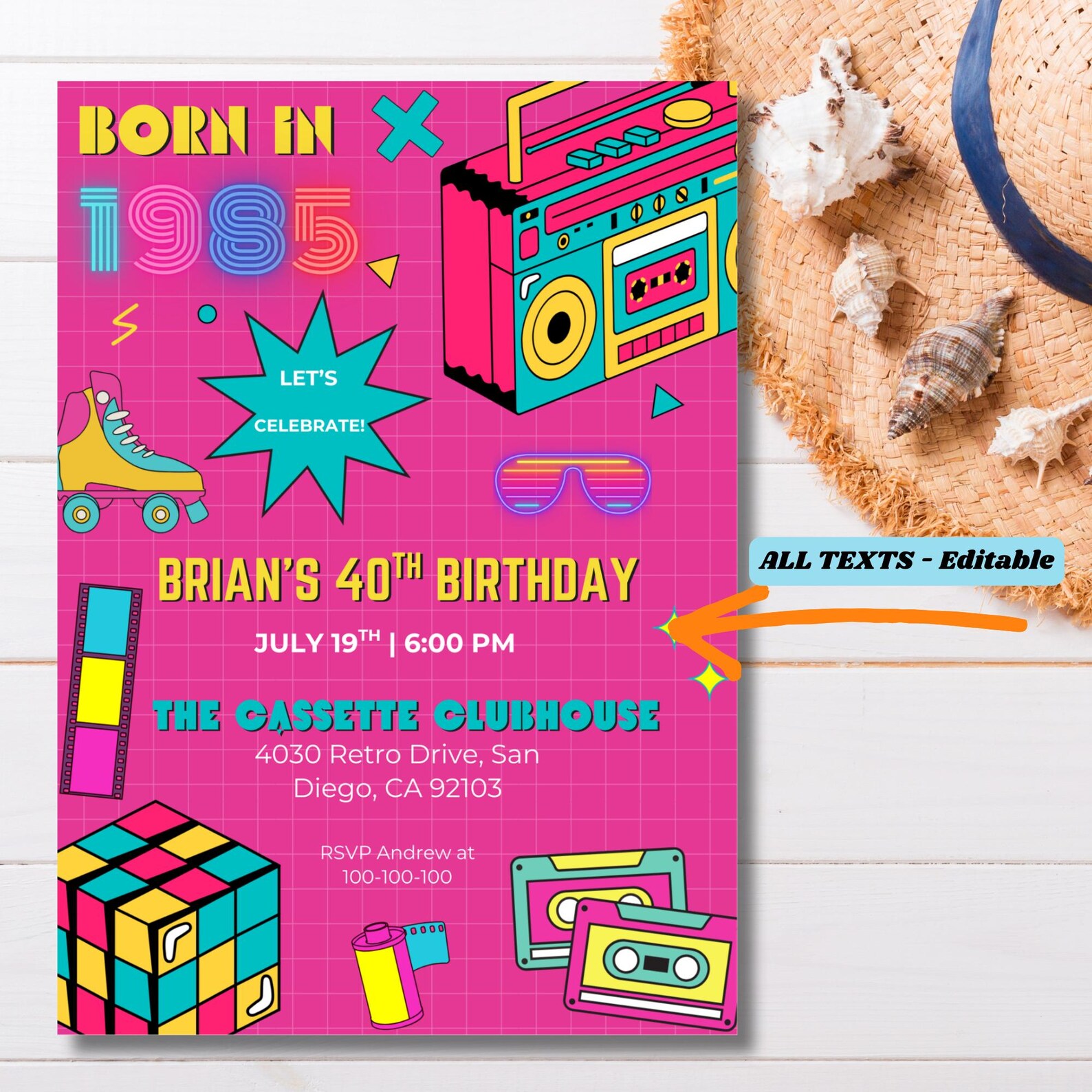 Editable Pink Retro Born in 1985 80's Birthday Party Invitation ...