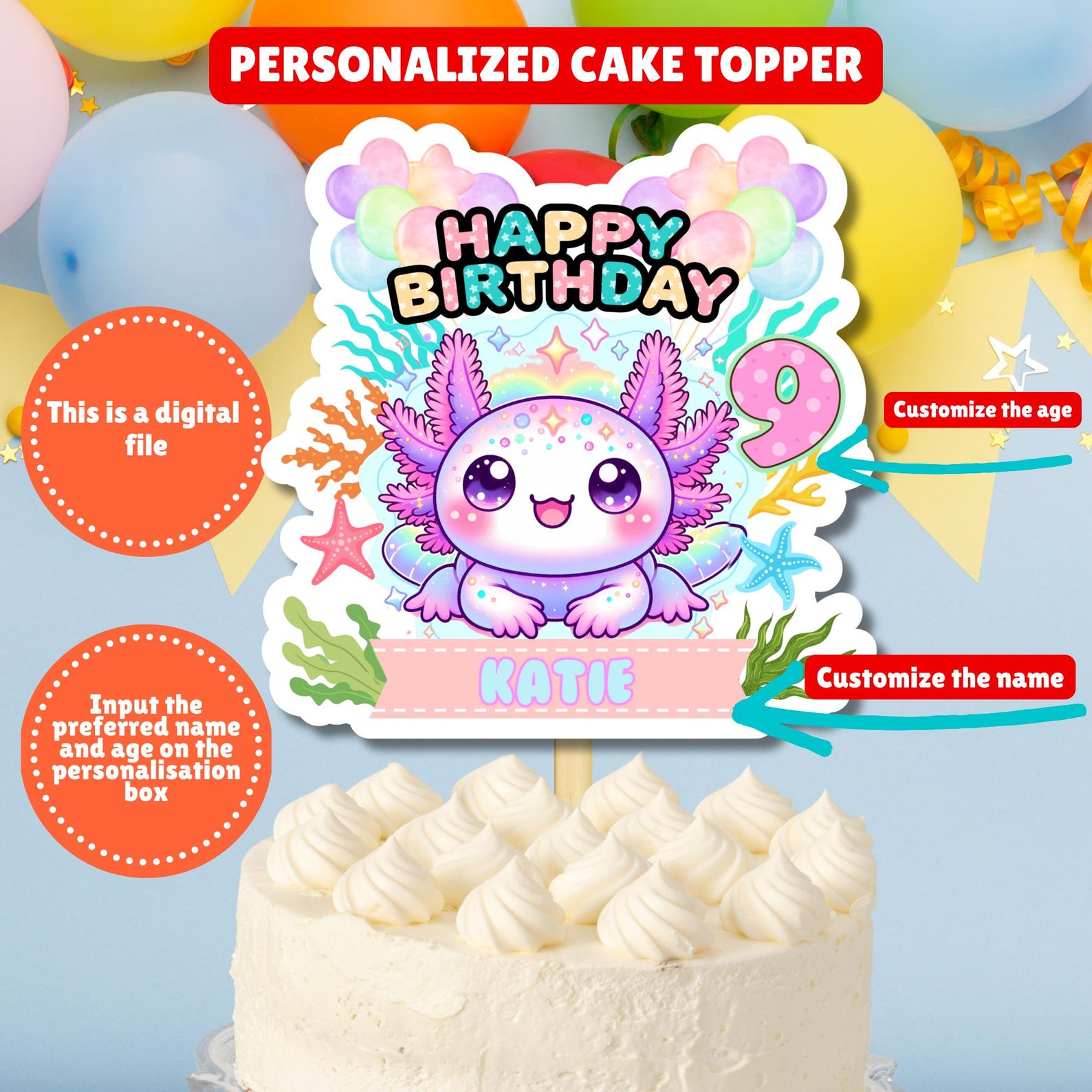 Personalized Axolotl Cake Topper, Custom Axolotl Cake Topper, Printable ...