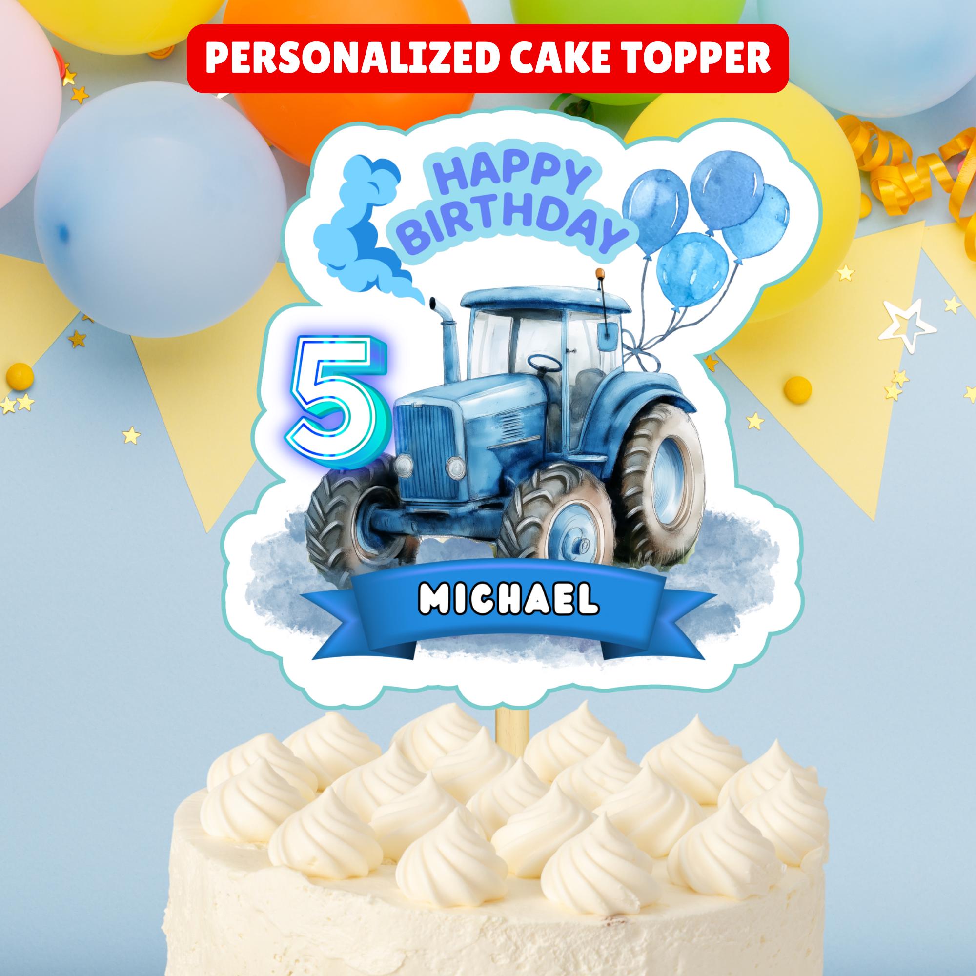 Personalized Blue Farm Tractor Birthday Cake Topper, Custom Cute Blue ...