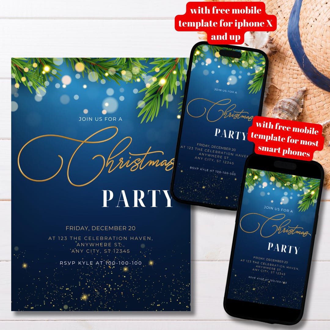 Editable Blue Christmas Party Invitation Template, Printable Blue Gold ...