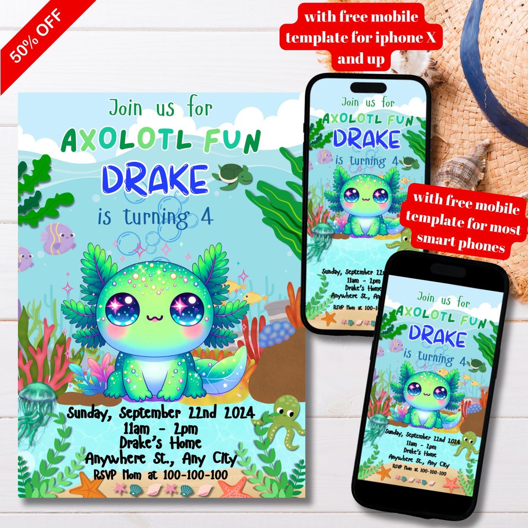 Editable Axolotl Birthday Party Invitation Template for Boys, Cute Boy ...