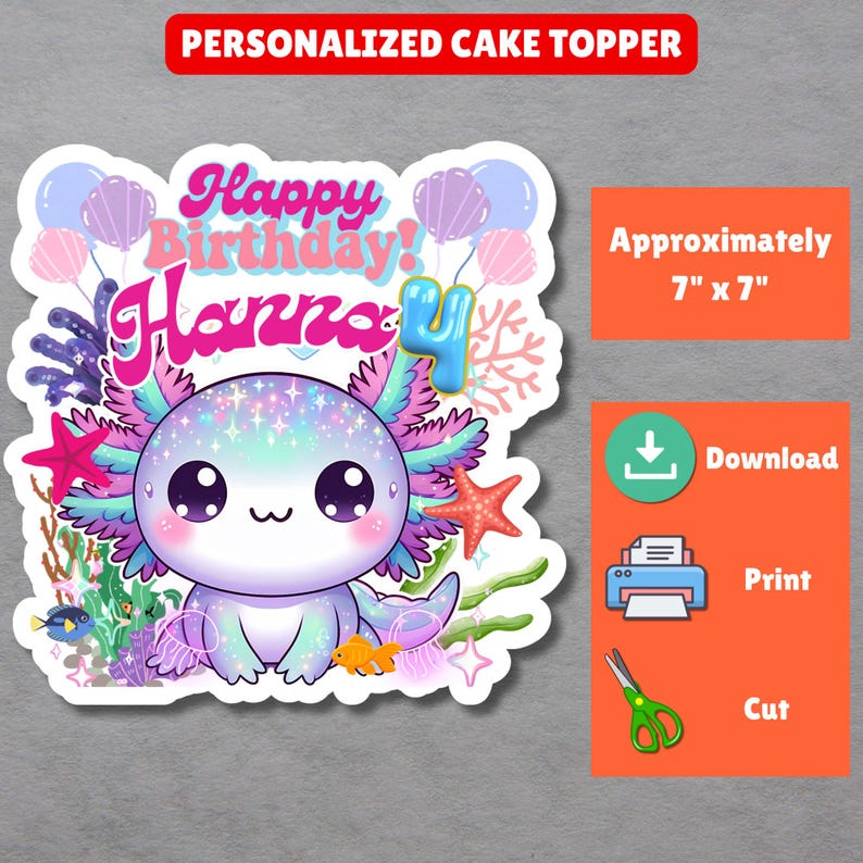 Customizable Axolotl Birthday Cake Topper, Personalized Axolotl ...