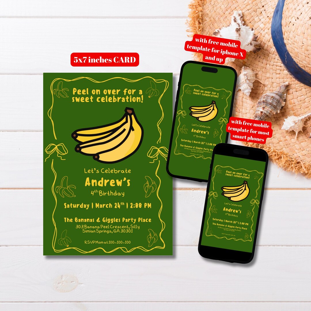 Editable Hand Drawn Banana Birthday Party Invitation Template ...