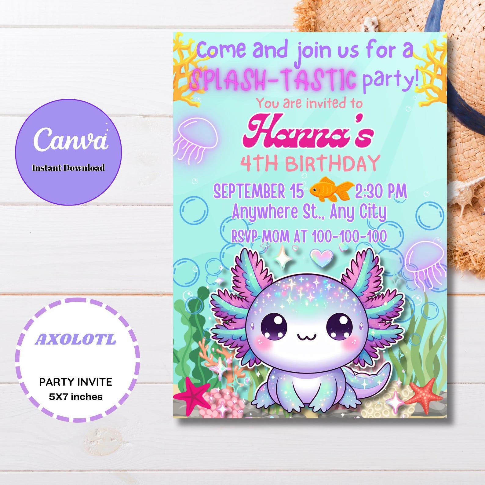 Editable Pink Axolotl Birthday Party Invitation Template, Printable ...