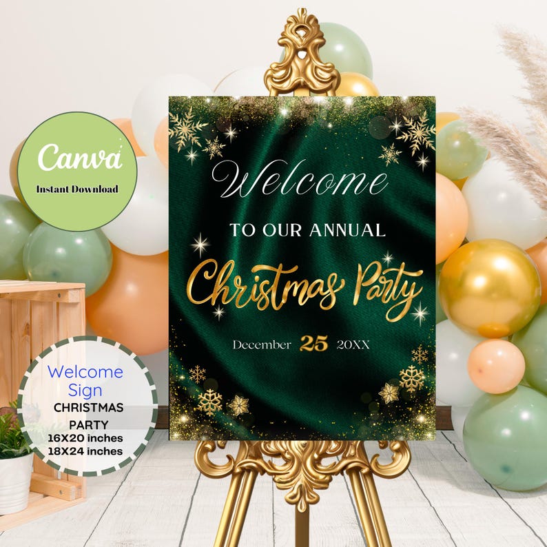 Emerald and Gold Christmas Party Welcome Sign, Green and Gold Welcome ...