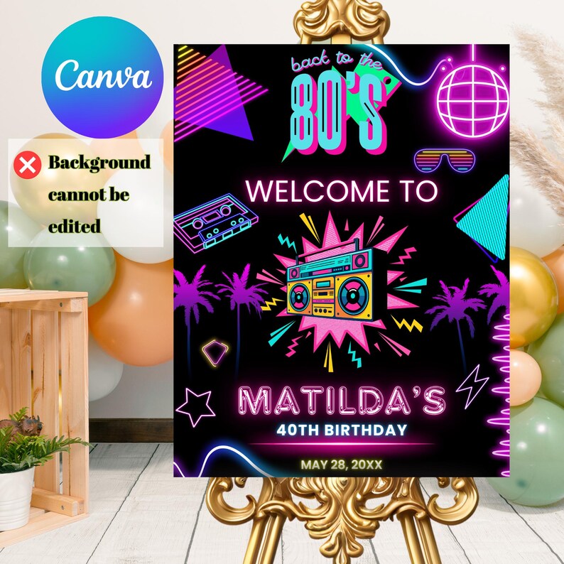 Editable Back to the 80s Neon Glow Birthday Party Welcome Sign Template ...