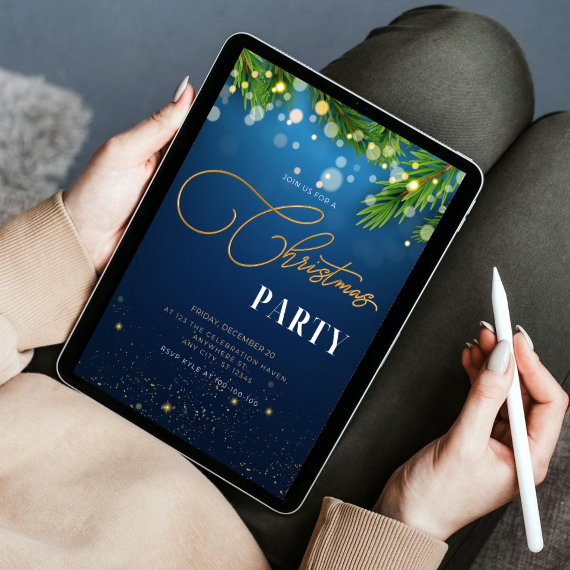 Editable Blue Christmas Party Invitation Template, Printable Blue Gold ...