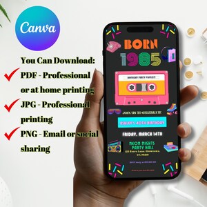 Editable 1985 40th Birthday Party Invitation Template, Printable Neon ...