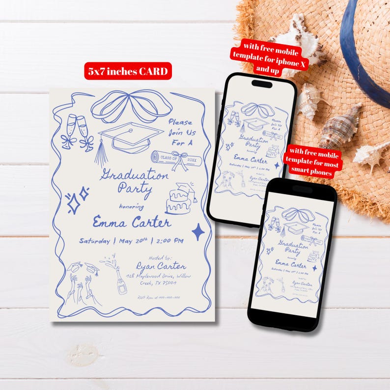 Editable Doodle Style Graduation Invitation Template, Printable Hand ...