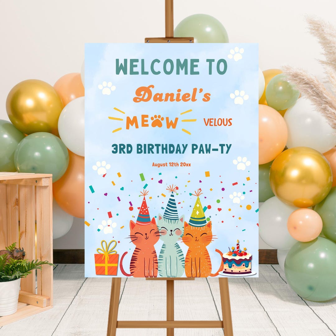 Editable Cats Birthday Party Welcome Sign Template, Printable Cute Cats ...