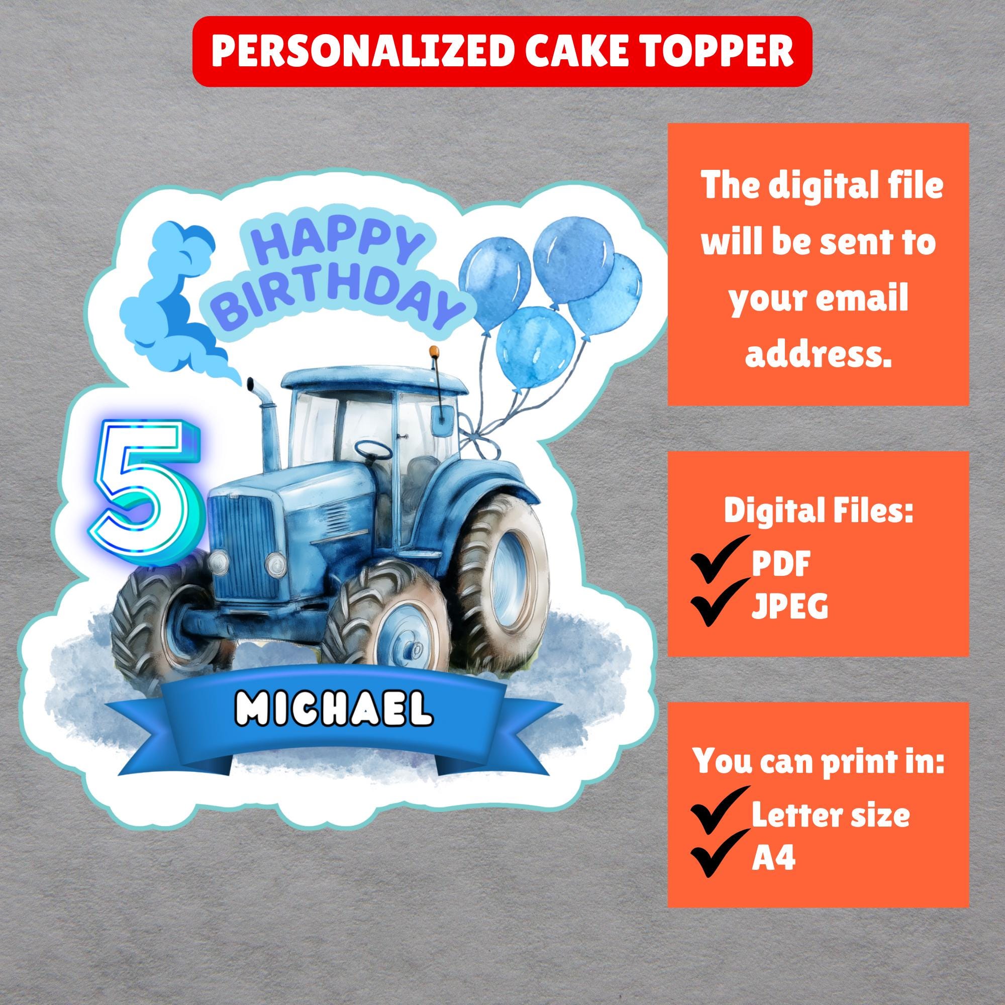 Personalized Blue Farm Tractor Birthday Cake Topper, Custom Cute Blue ...