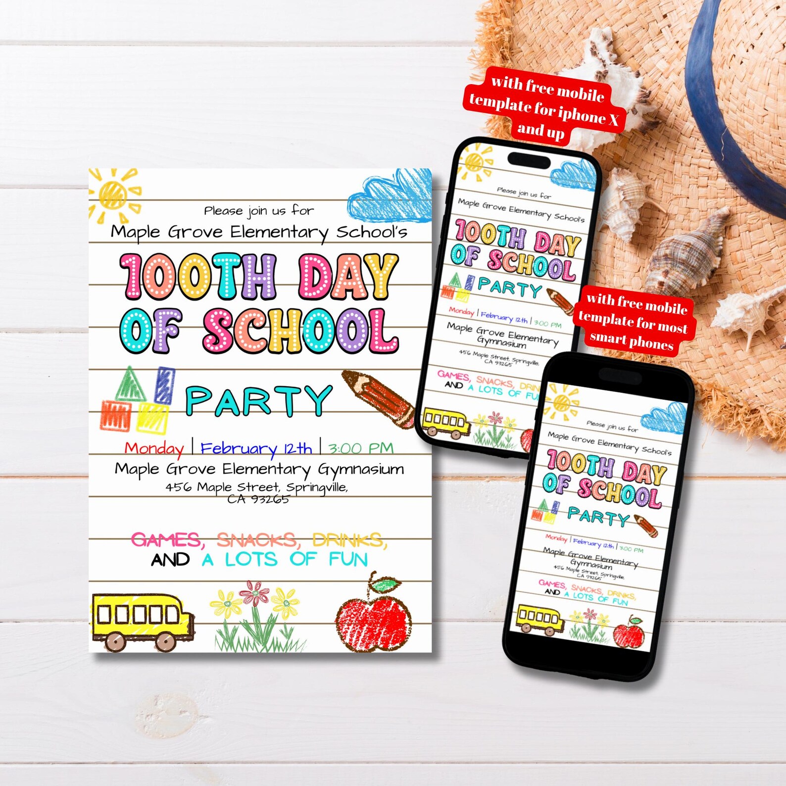 Editable 100th Day of School Class Party Invitation Template, Printable ...