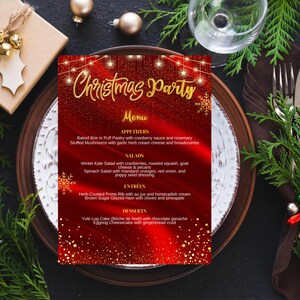 Editable Red and Gold Christmas Party Dinner Menu Template, Printable ...
