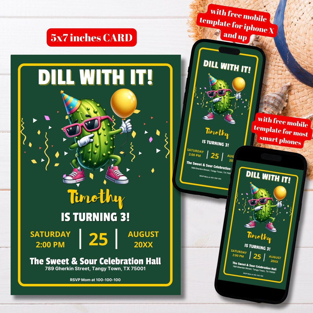 Editable Dill With It Pickle Birthday Party Invitation Template ...