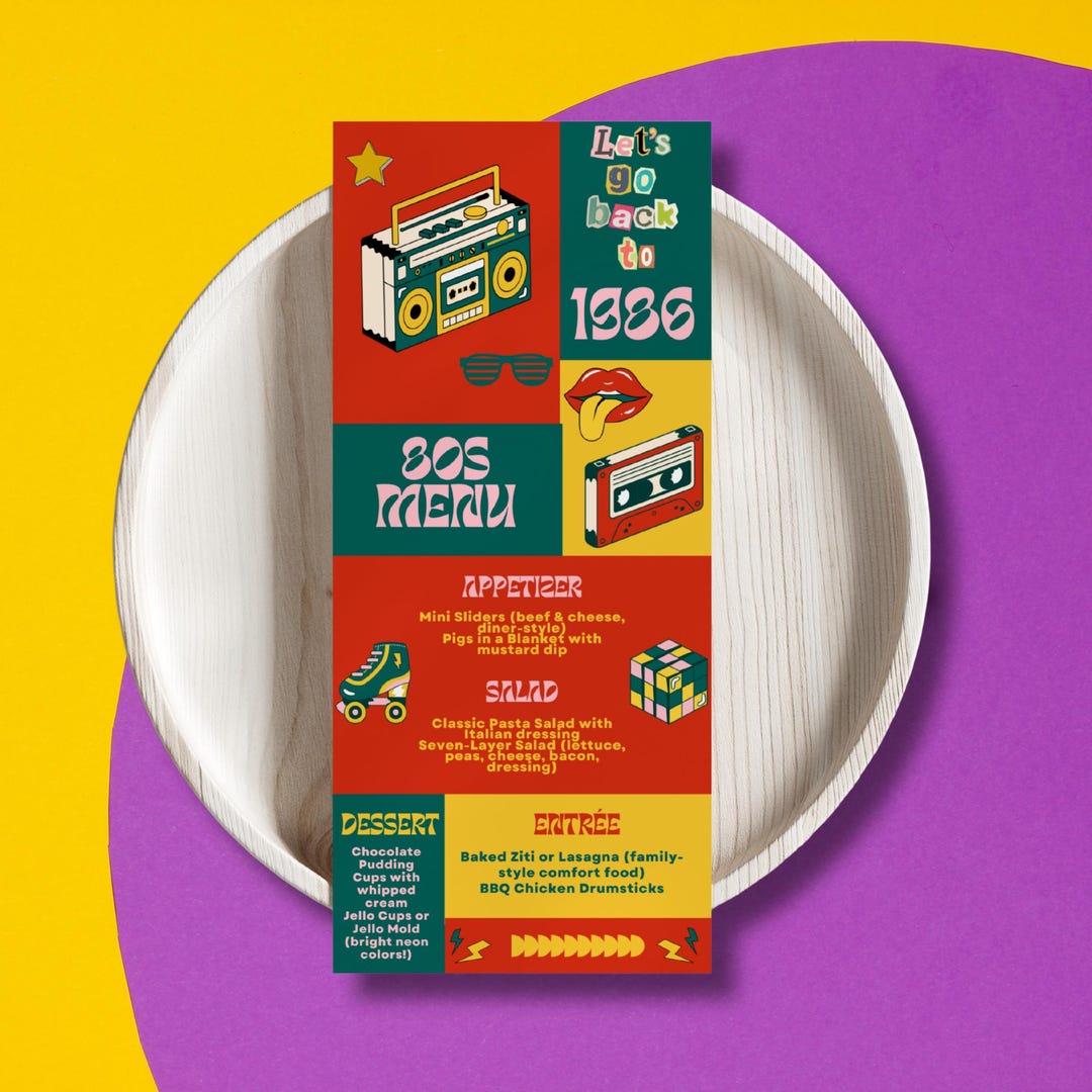 Editable 1980s Tall Birthday 4x9 Menu Template, Printable Born 1986 ...