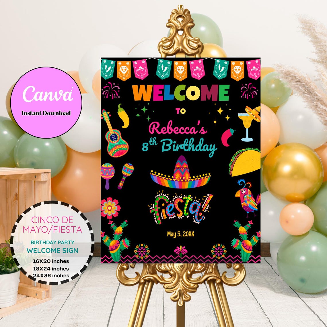 Editable Fiesta Birthday Welcome Sign Template, Printable Birthday ...