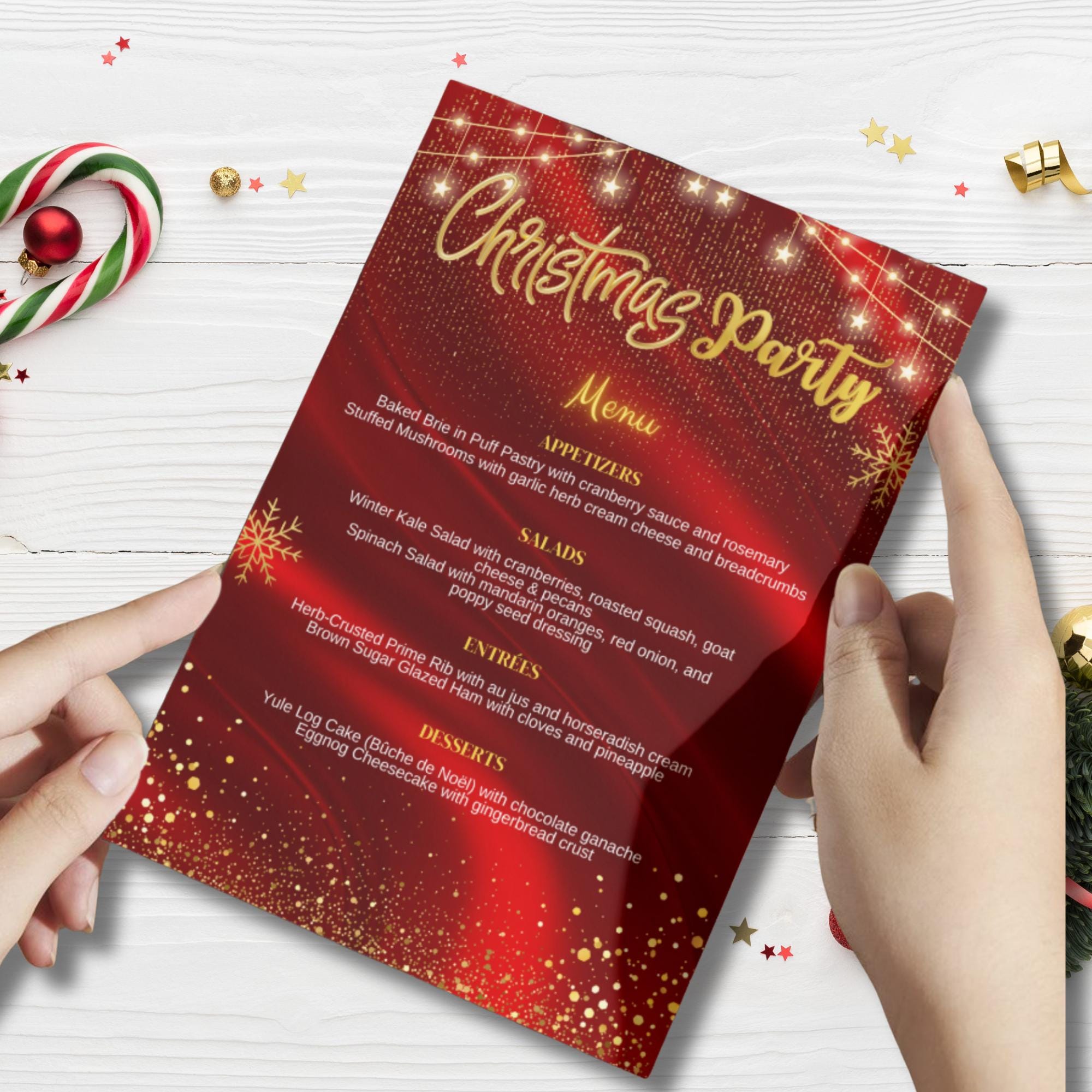 Editable Red and Gold Christmas Party Dinner Menu Template, Printable ...