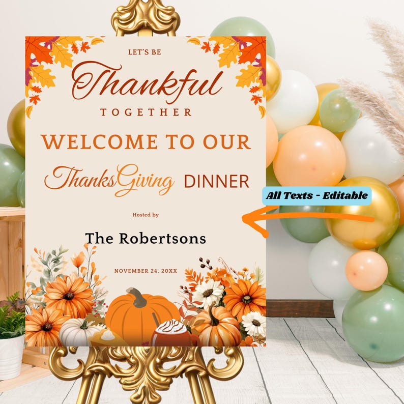 Editable Let's Be Thankful Thanksgiving Dinner Welcome Sign Template ...