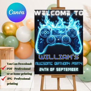 Editable Video Game Birthday Party Welcome Sign Template, Blue Video ...