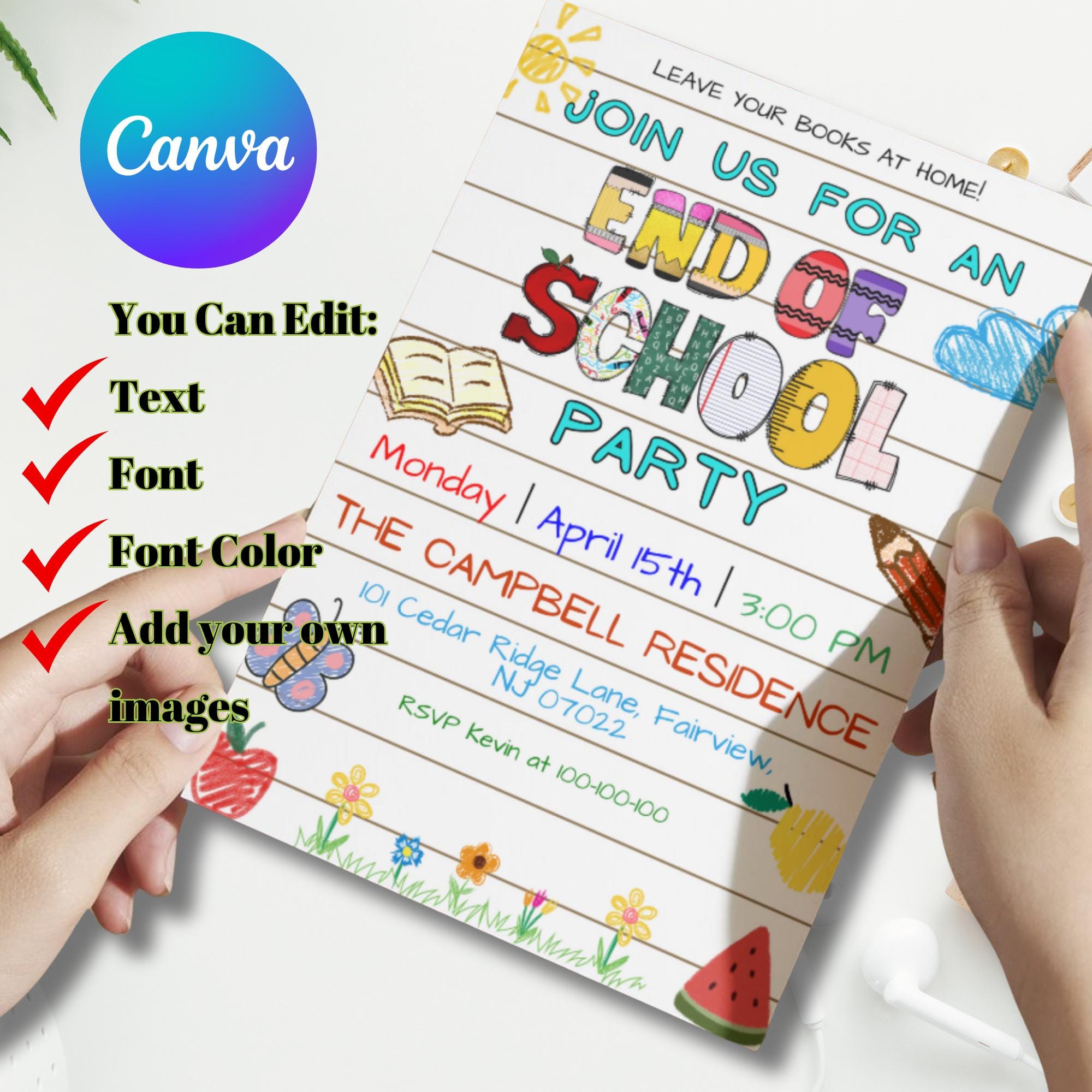 Editable End of School Party Invitation Template, Printable Kids Summer ...