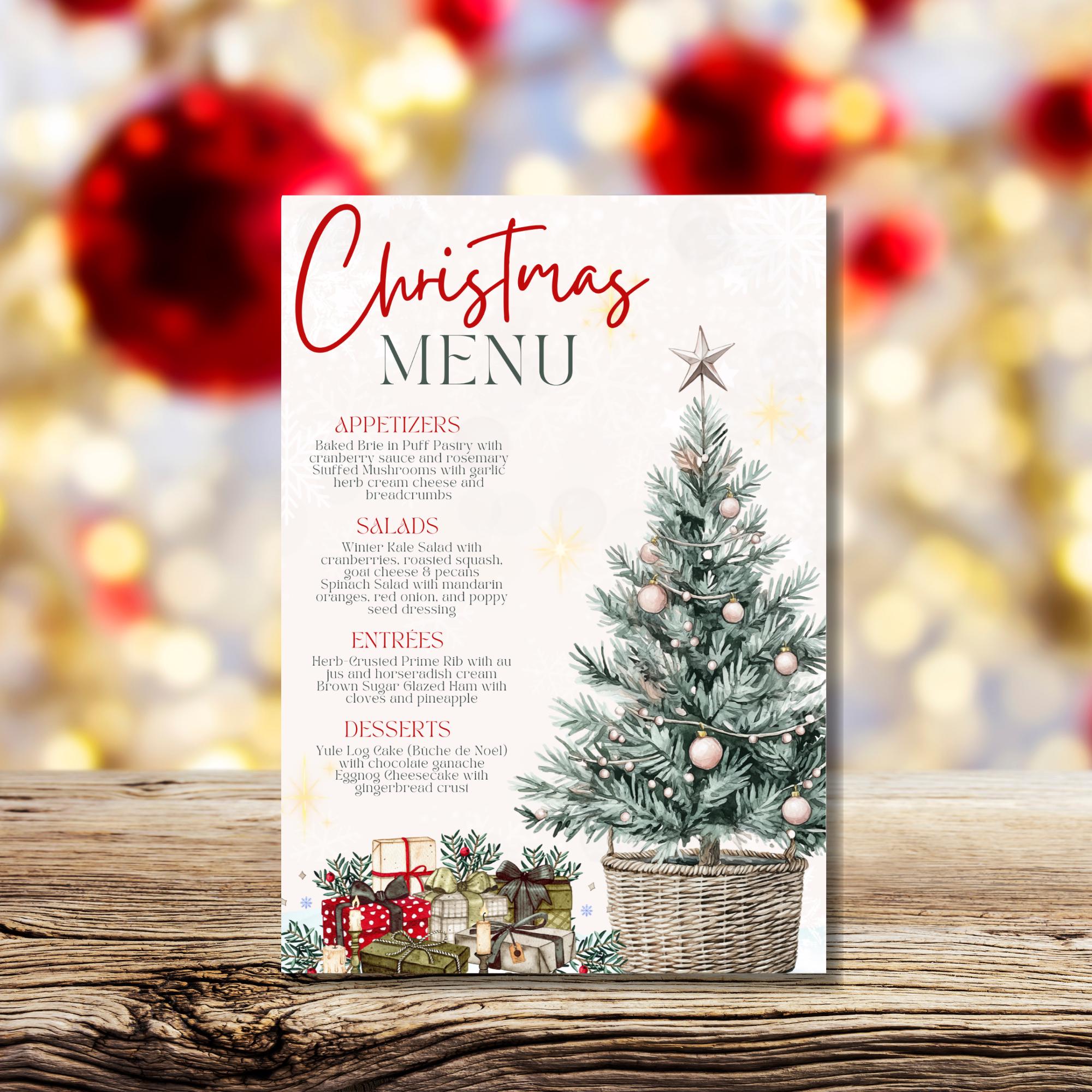Editable Christmas Tree in a Basket Christmas Party Menu Template ...