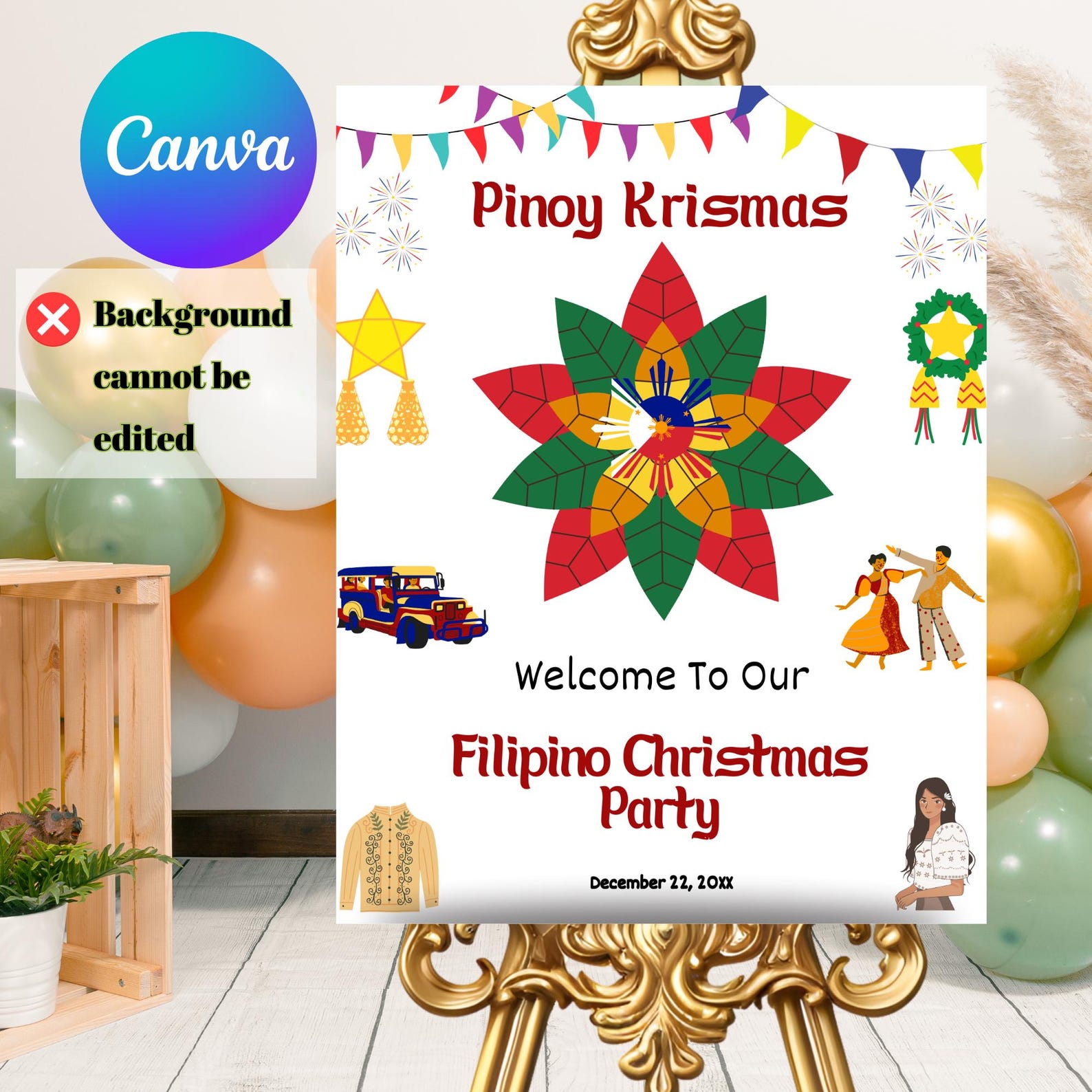 Editable Paskong Pinoy Party Welcome Sign Template, Printable Filipino ...