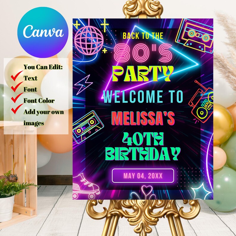 Editable Neon Glow Back to the 80s Birthday Party Welcome Sign Template ...