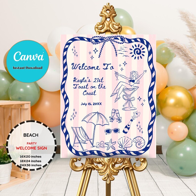 Editable Nautical Rope Frame Hand Drawn Beach Birthday Party Welcome ...