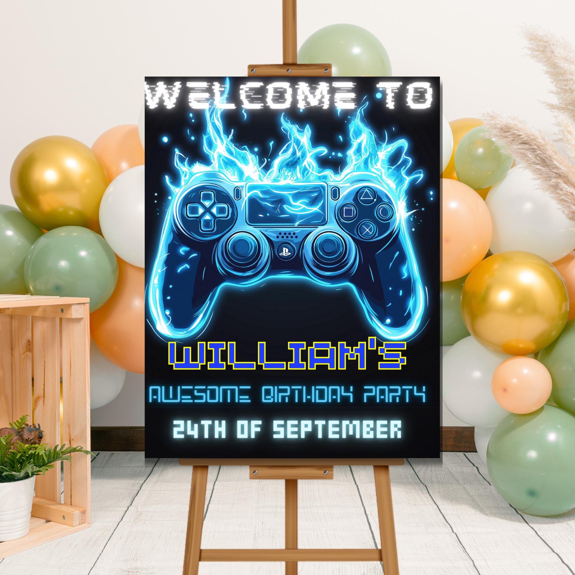 Editable Video Game Birthday Party Welcome Sign Template, Blue Video ...