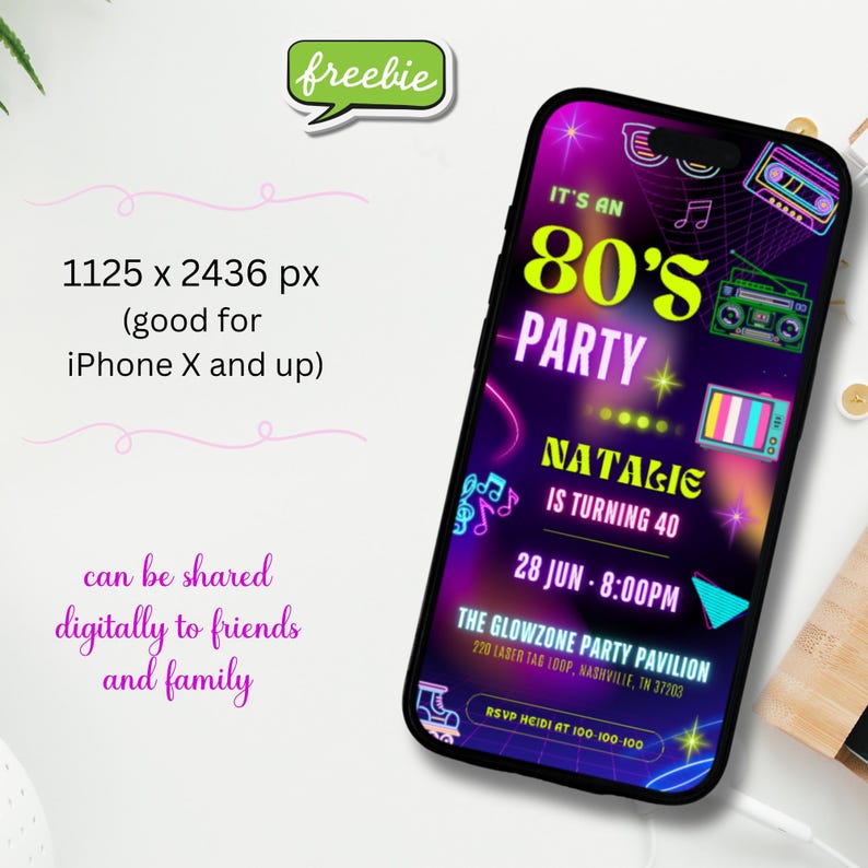 Editable 80s Neon Glow Birthday Party Invitation Template, Printable ...