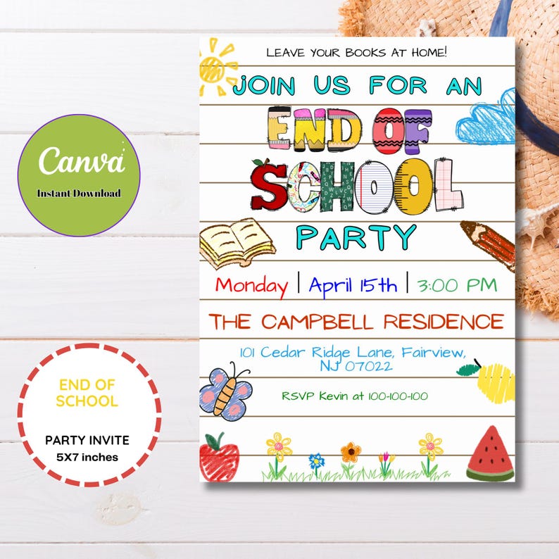 Editable End of School Party Invitation Template, Printable Kids Summer ...