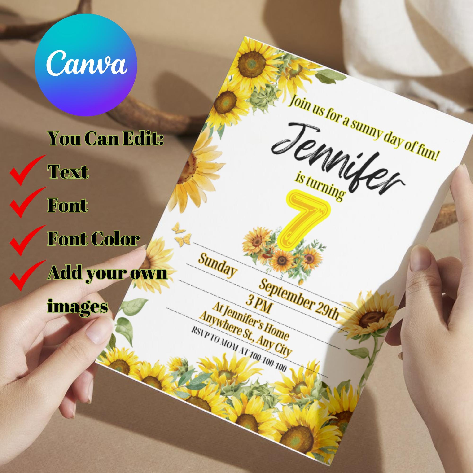 Editable Sunflower Birthday Party Invitation, Printable Sunflower Bday ...