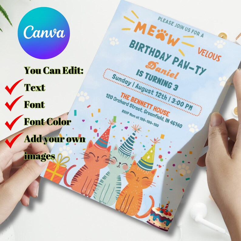 Editable Cats Birthday Invitation Template, Printable Cute Cats Bday ...